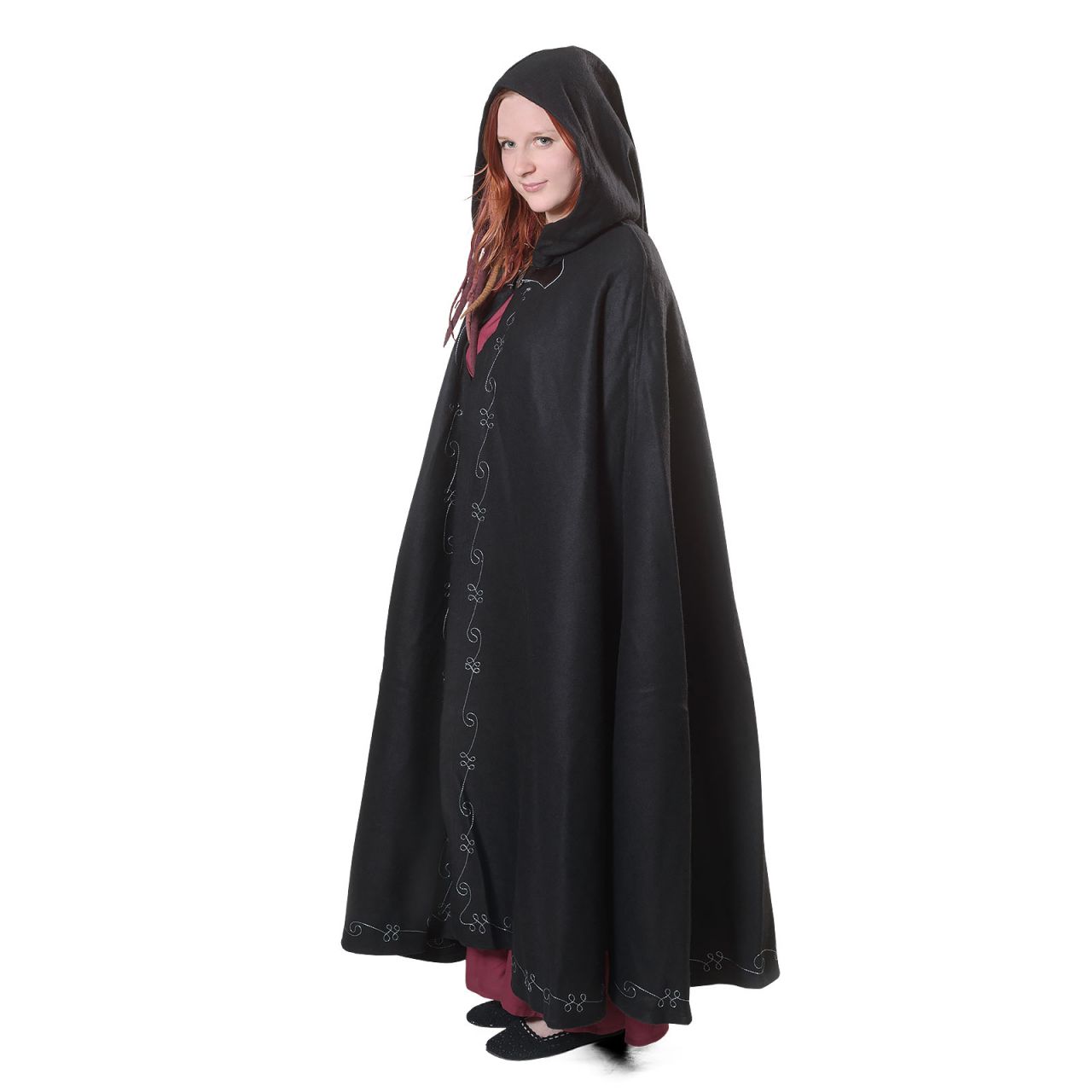 Medieval Wool Cloak for Women with Hood Embroidery Metal Buckle Black ...